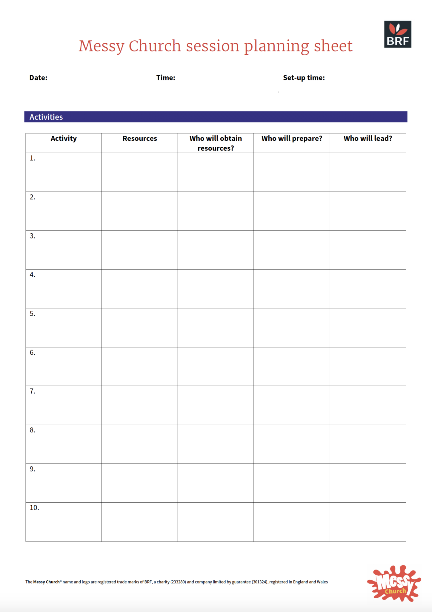 Messy Church planning grid - Messy Church : Messy Church